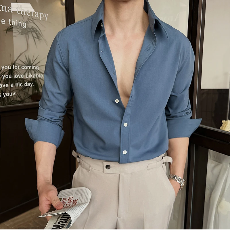 British-Style-Versatile-Solid-Color-Men-s-Shirt-Long-Sleeve-Slim-Fit ...