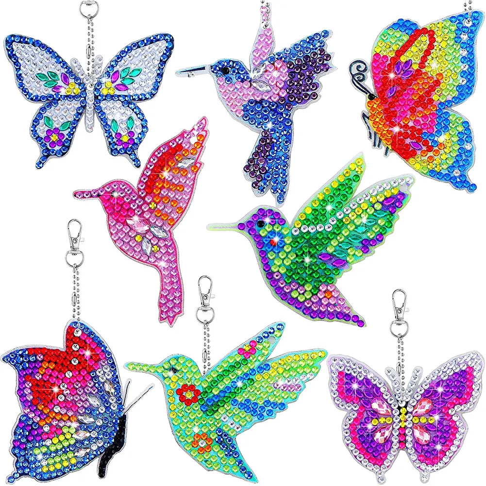 8pcs Birds And Butterflies Diy Diamond Painted Keychain Double-sided ...