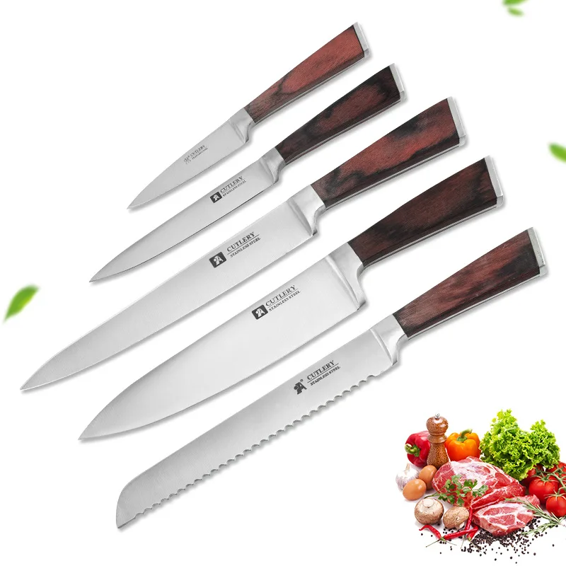 Aço inoxidável Kitchen Knife Set, cabo de madeira, Chef faca, faca de ...