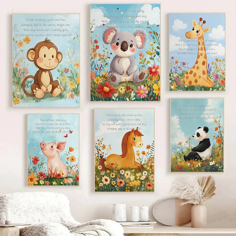 Cute Cartoon Animal Panda Lion Tiger Goat Poetry Art Poster Canvas ...