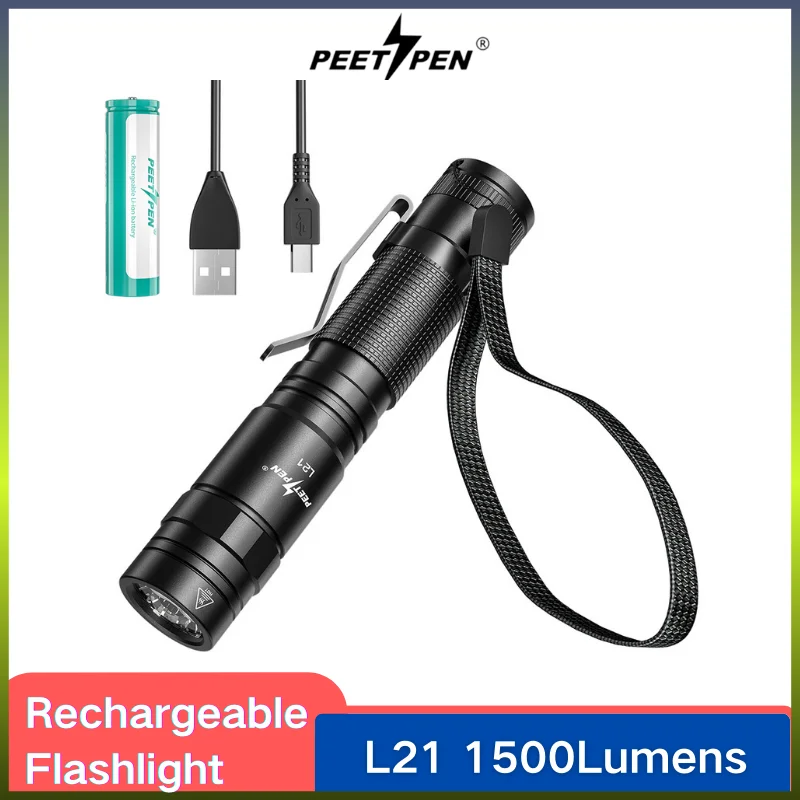 Peetpen L21 Pocket Led Flashlight Micro-usb Rechargeable P8 Led 1500lm Tactical Light With ...
