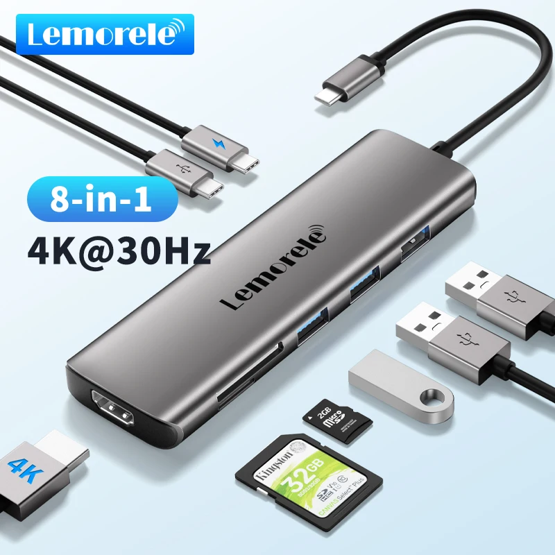 Lemorele 8 in 1 USB Hub to Type C Docking Station 100W PD Multiport ...