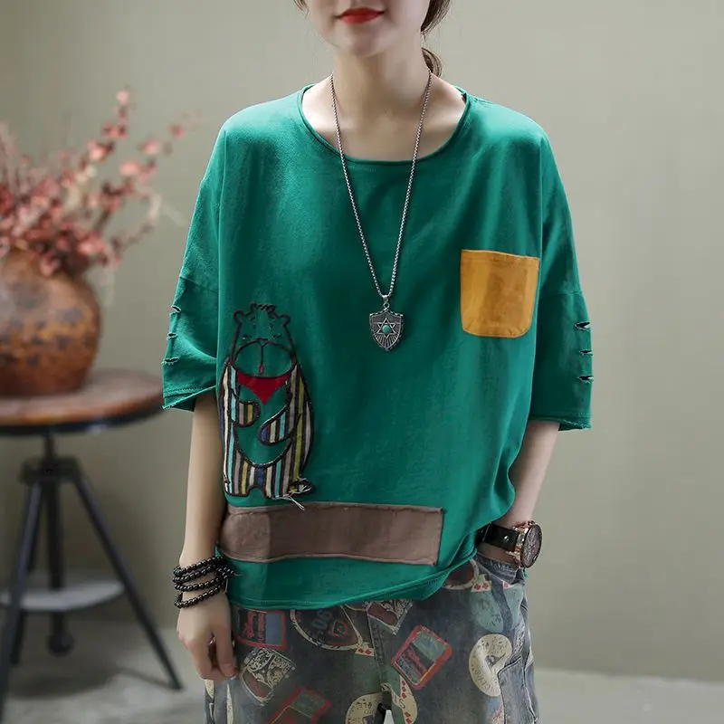 98-Cotton-T-Shirts-Women-Temperament-Fashion-Patchwork-T-shirt-Korean-Casual-Short-Sleeve-Tops ...