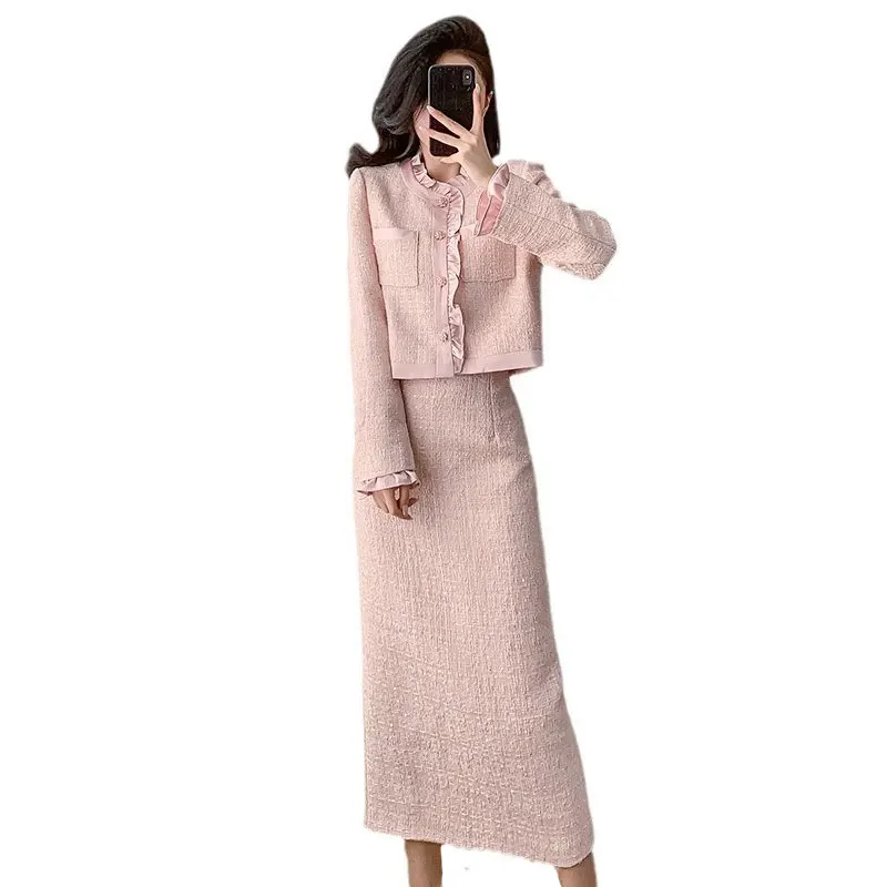 2-pcs-pink-tweed-suit-jacket-half-length-skirt-2024-new-autumn-and ...