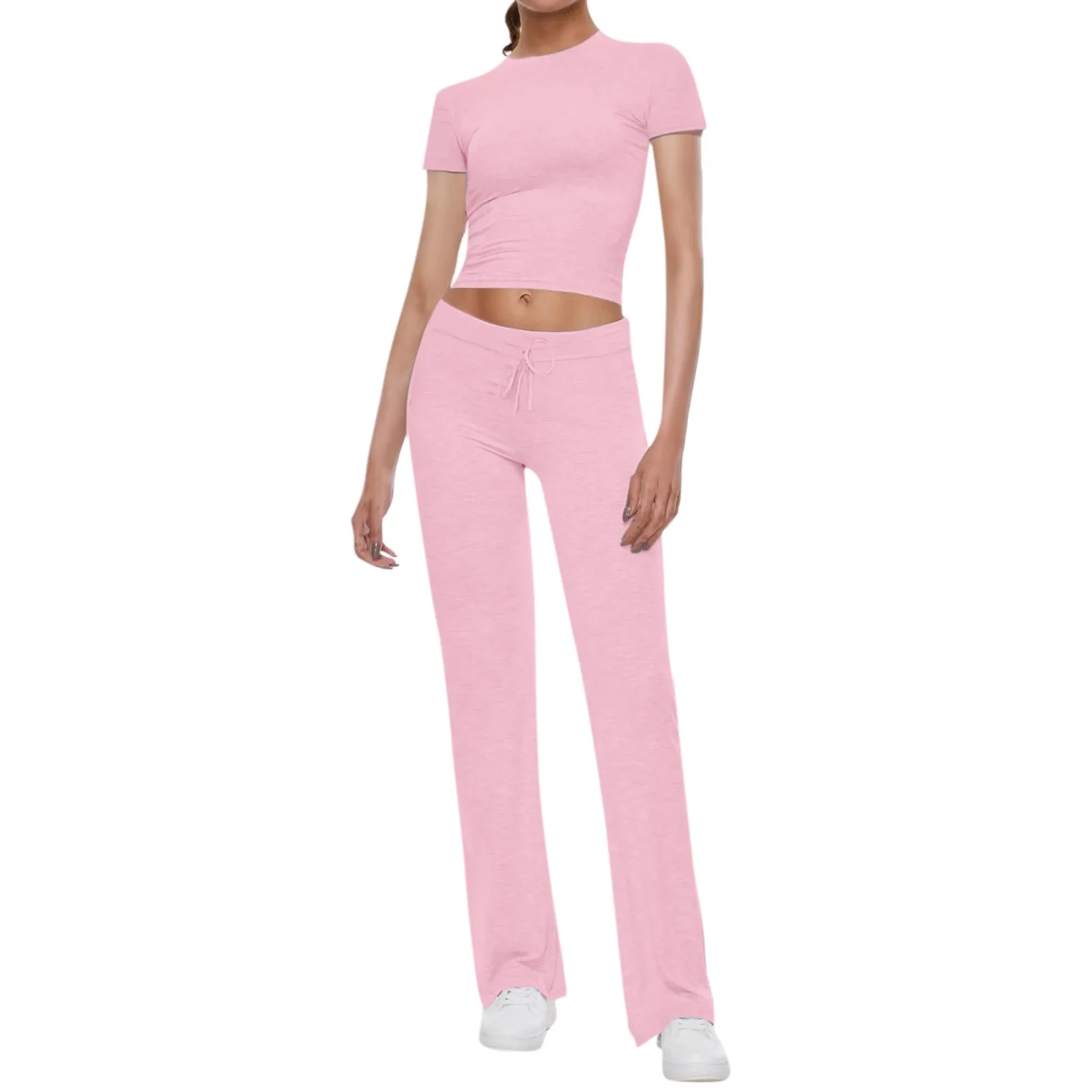 Women-S-Pant-Sets-Summer-Fashion-Solid-Color-Two-Piece-Set-Round-Neck ...