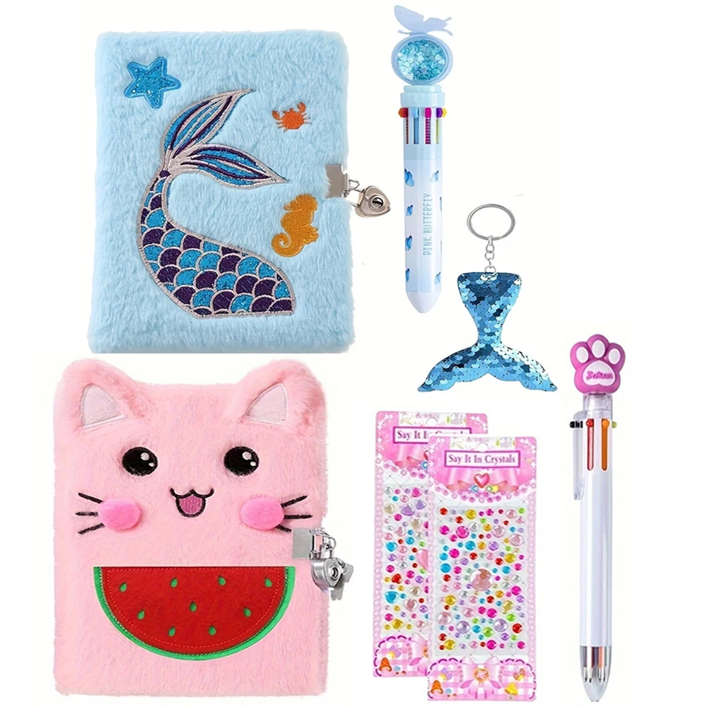 A5-Cat-Diary-Plush-Mermaid-Notebook-Sparkly-Embroidery-Diary-with-Lock ...