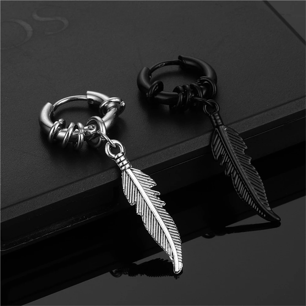 Pendientes-Punk-para-hombre-aretes-de-borla-de-plumas-Piercing-de-acero ...