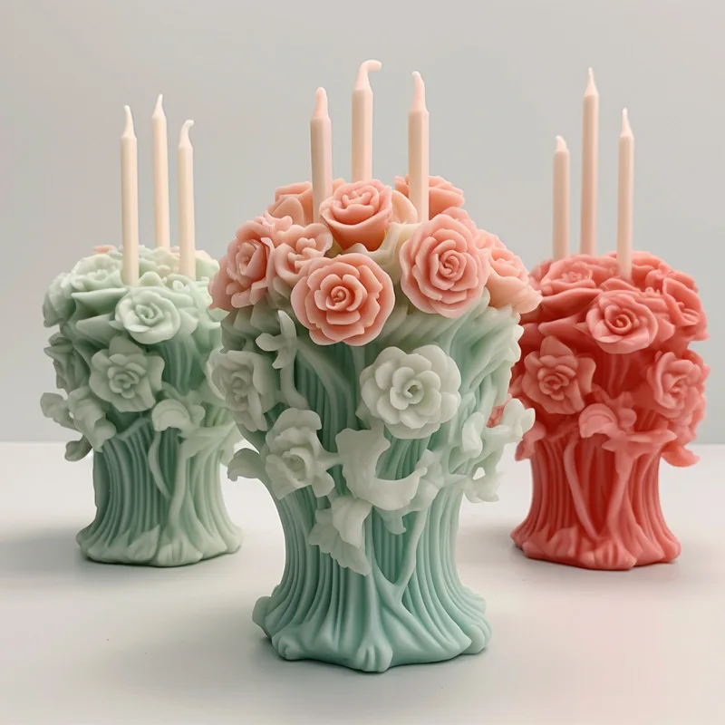 DIY-Rose-Pillar-Aroma-Candle-Silicone-Mold-Handmade-Bouquet-of-Flowers ...