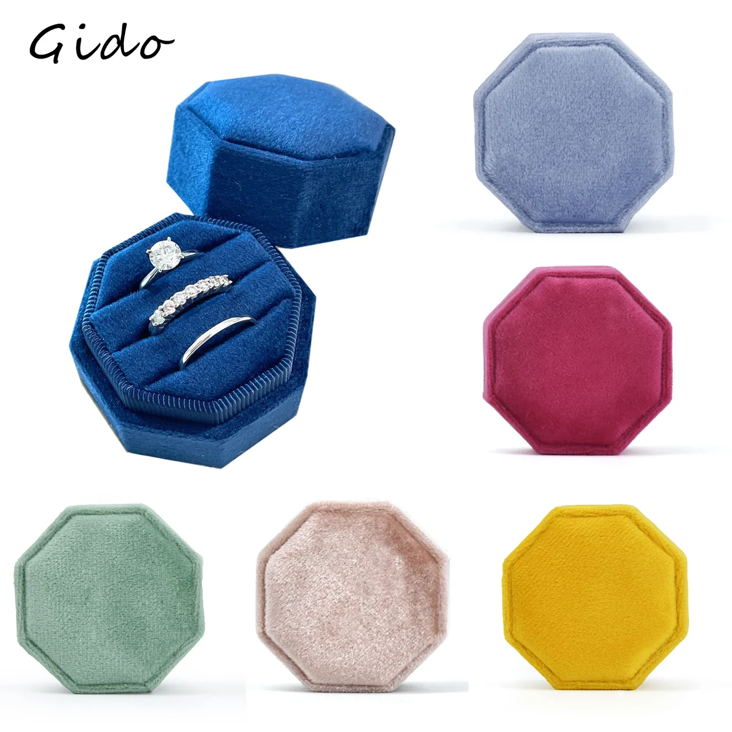 Octagon-Velvet-Jewelry-Box-Muti-Color-Three-Slots-Double-Ring-Storage ...