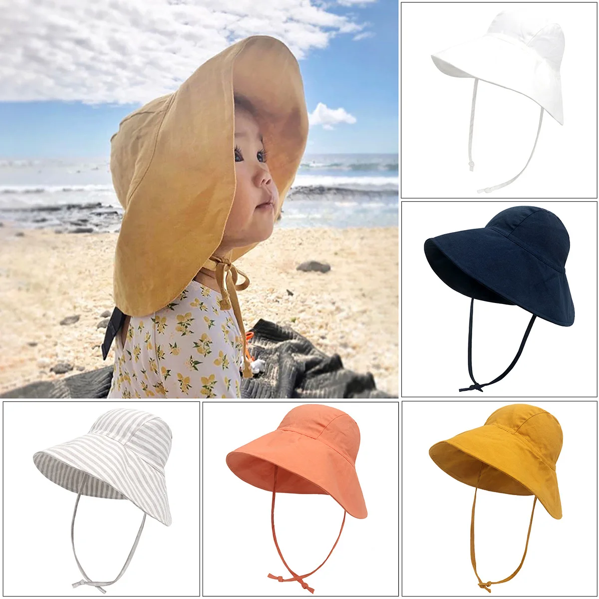 Baby Sun Hat UPF 50+ Cotton Wide Brim UV Protection Strap Lightweight ...