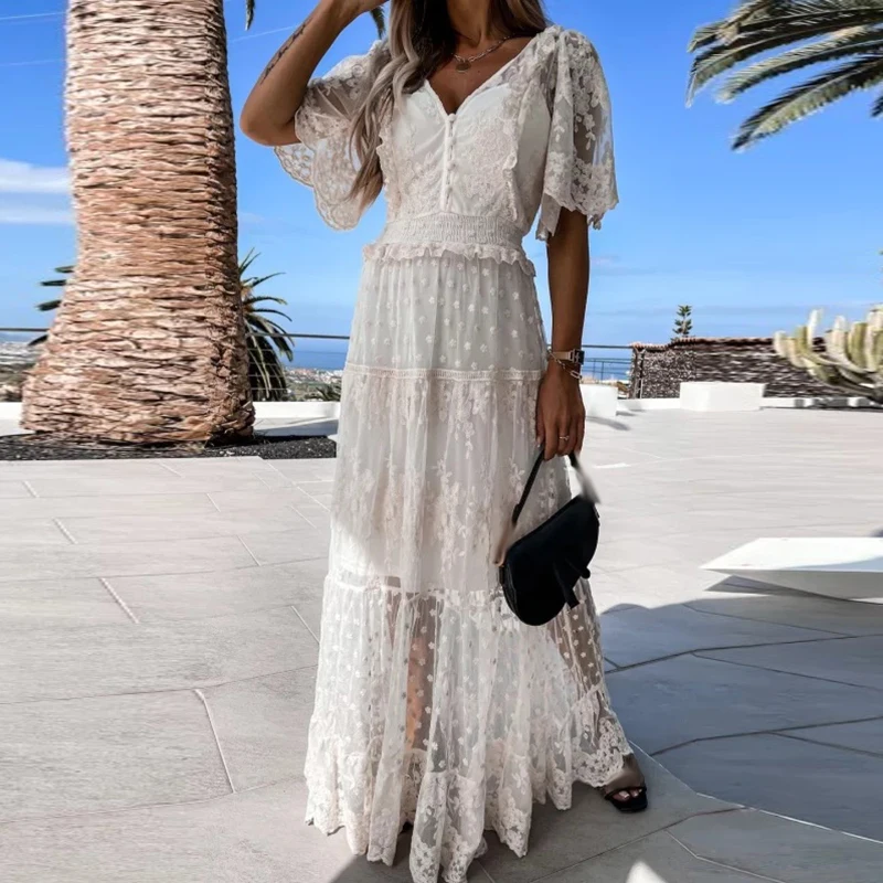 Elegant-Solid-Mesh-Party-Dress-for-Women-Lace-Embroidery-High-Waist ...