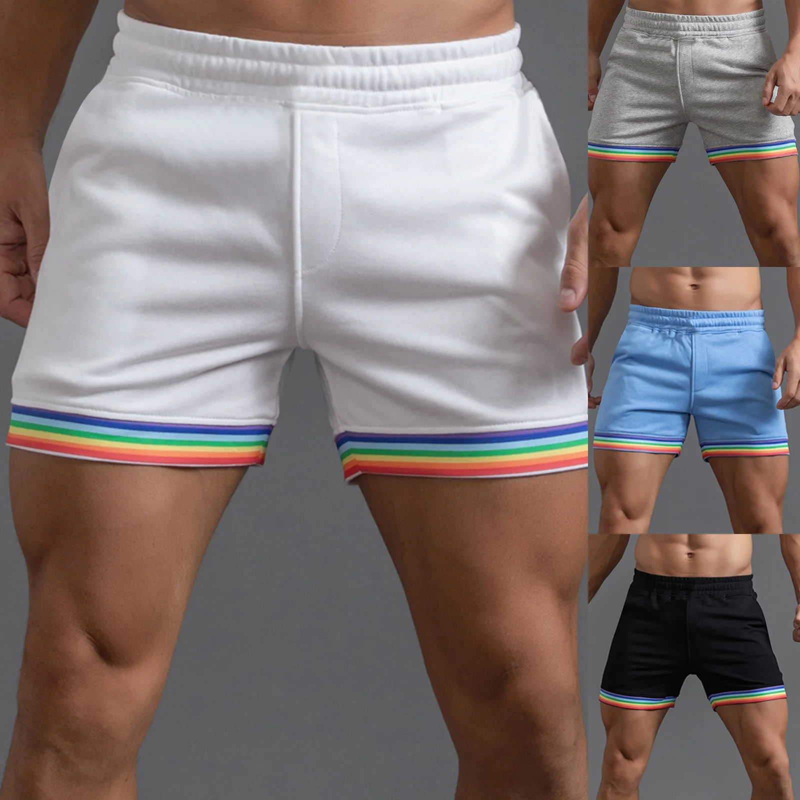 2023-Men-s-Rainbow-Skinny-Patchwork-Gym-Shorts-Casual-Streetwear-Solid ...