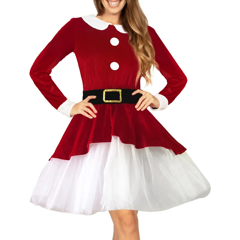 Women-Christmas-Santa-Claus-Costumes-3Pcs-Velvet-Long-Sleeve-Mesh-Hem ...