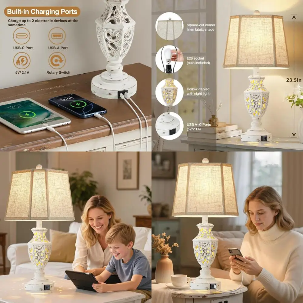 Pair of 23.5 Bohemian Style Bedside Lamps with USB Ports and Nightlight ...