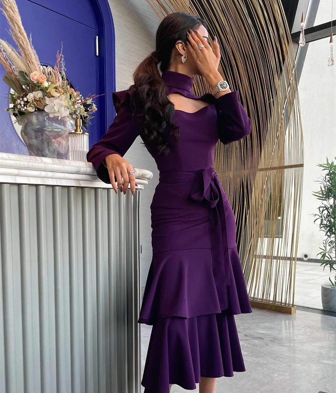 Elegant-Short-High-Neck-Purple-Evening-Dresses-Mermaid-Ruffled-Tea ...