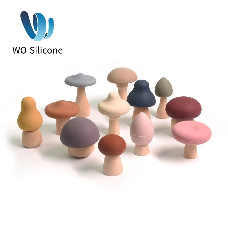 WOLIFE-12Pcs-Mushroom-Building-Blocks-Silicone-Teether-Baby-Toys-Wooden ...