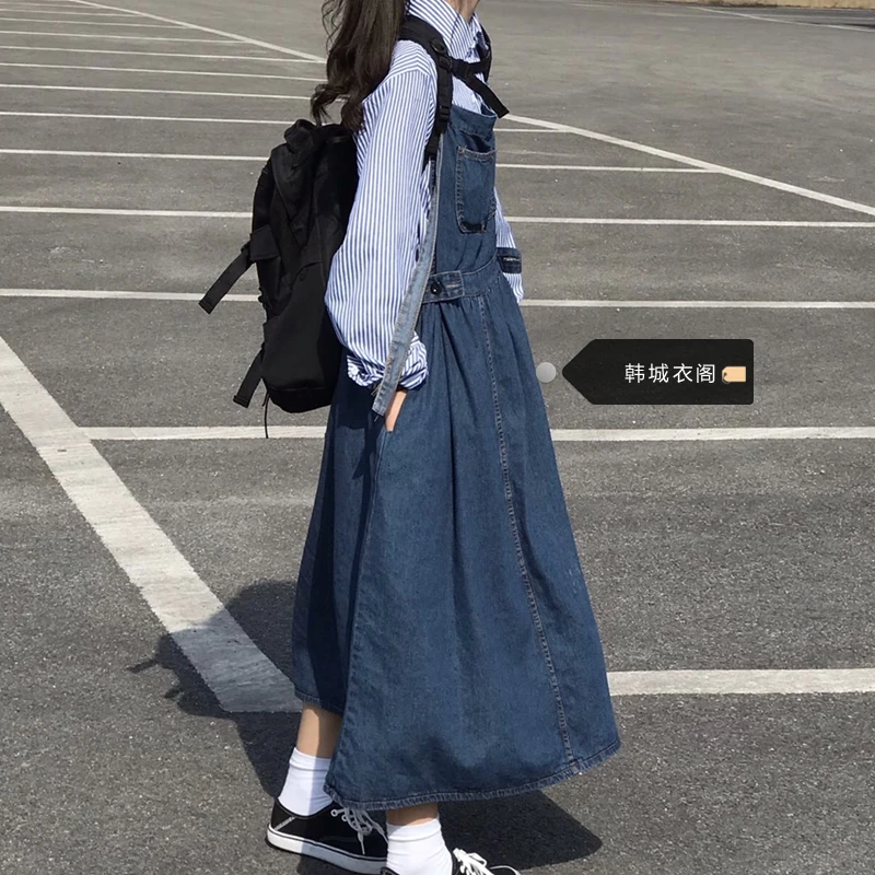 여성 데님 멜빵 스커트 일본 프레피 빈티지 단색 민소매 하이 웨이스트 캐주얼 올 매치 롱 드레스 봄 여름