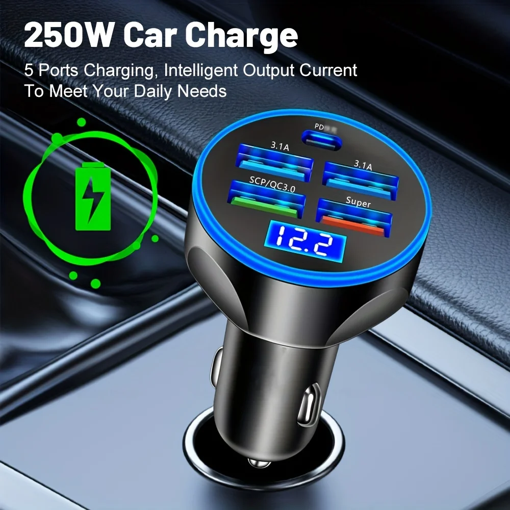 250W-Super-Fast-Charging-Car-Charger-5-in-1-Adapter-Charging-Head ...