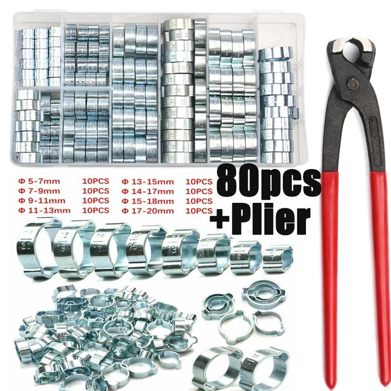 80pcs 5 20mm 호스 클램프 더블 귀 클램프 웜 드라이브 연료 물 호스 파이프 클램프 클립 1pc 플라이어 클램프