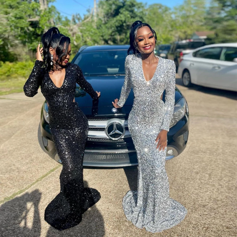 Black Girl Sparkly Mermaid Prom Dresses Long Sleeves Sequins Shiny ...