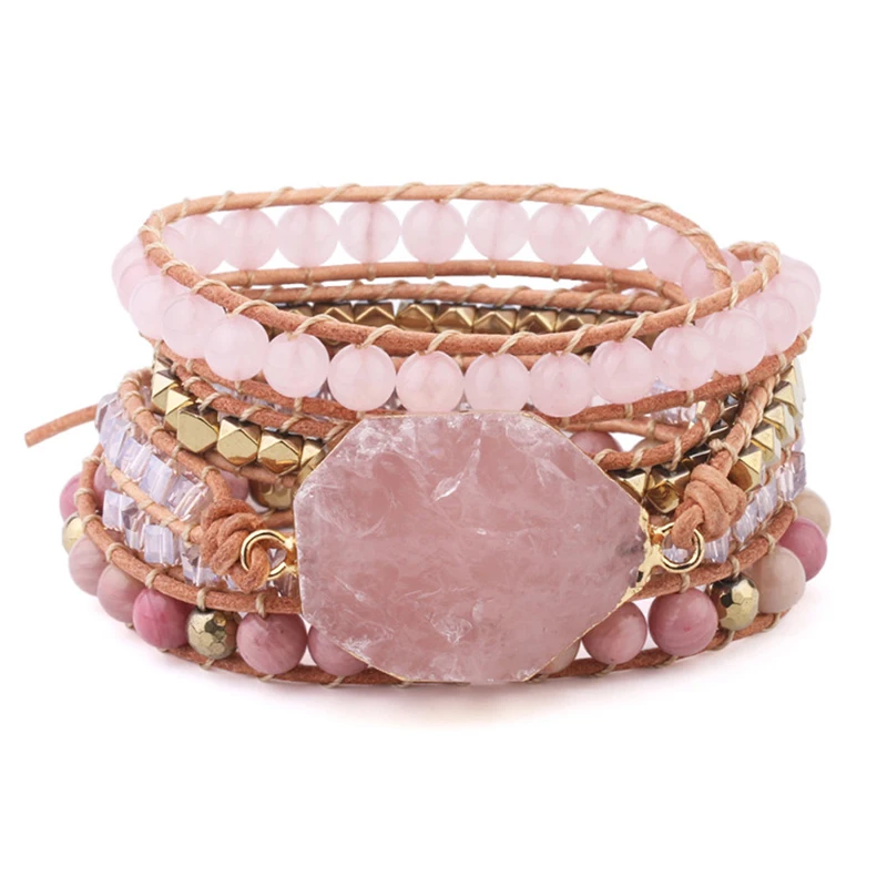 Pulsera de piedra Natural para mujer, brazalete de cuero de cuarzo rosa, gemas rosas, cuentas de ...