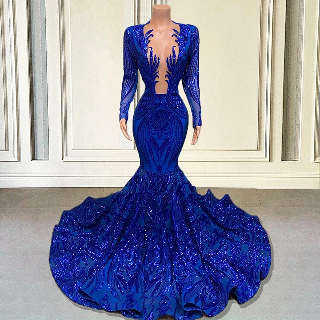 Blue And Black Prom Dresses With Sleeves