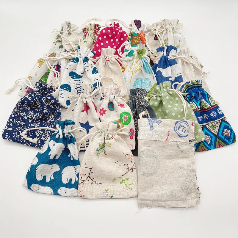 10pcs Pattern Cotton Drawstring Storage Bag Christmas Gift Bags Linen ...