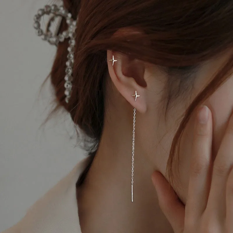 Trend Silver Color Needle Star Line Earring for Women Tassel Drop Earrings Long Chain Piercing Straight Hanging Earrings Jewelry AliExpress