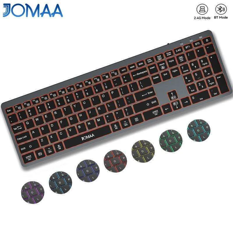 JOMAA 2.4G+Bluetooth Wireless Keyboard RGB Backlit Rechargeable Full ...