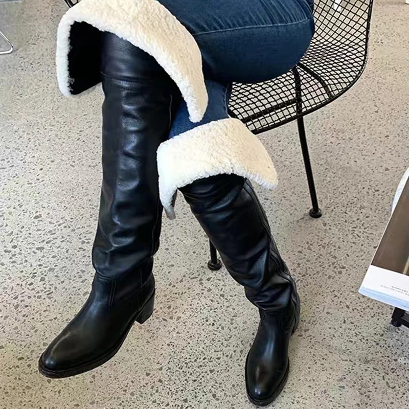 Lamb-Wool-Over-The-Knee-Boots-Woman-Winter-2022-Slip-On-Fur-Block-Heel ...