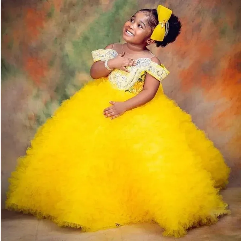 Yellow Princess Flower Girl Dresses for Wedding With Bow Layered ...