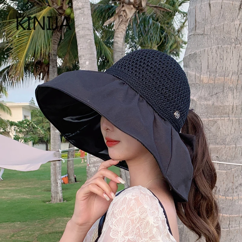 여성 솔리드 컬러 빅 브림 양동이 모자 여름 자외선 차단 빈 탑 포니 테일 모자 접이식 캐주얼 비닐 선 스크린 어부 모자
