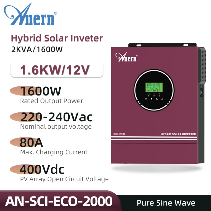 Anern 3000W 1600W Hybrid Solar Inverter 12V 24V 220V Off Grid Pure Sine ...