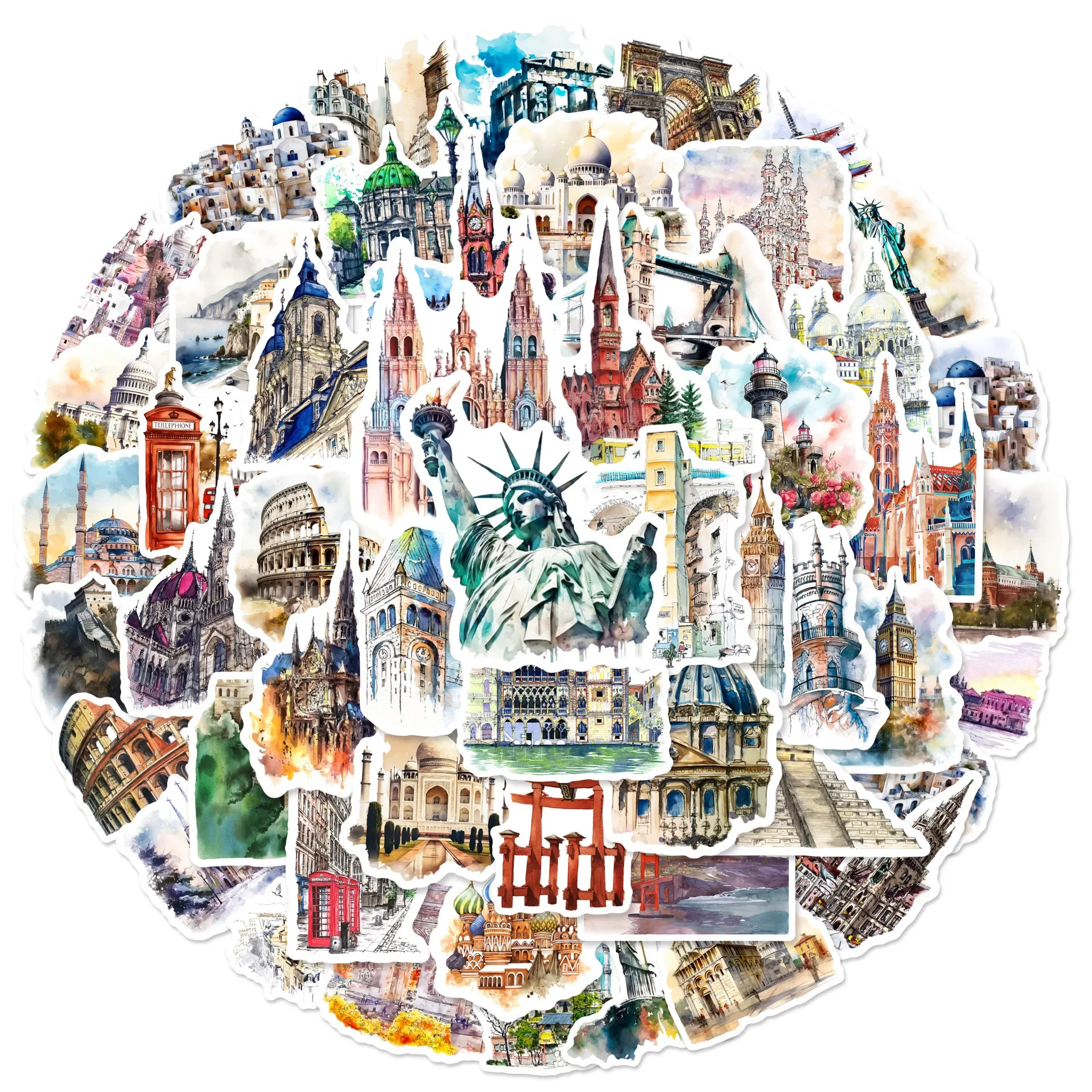 10-50pcs-World-Famous-Building-Stickers-Vintage-Travel-Landmark-Decals ...