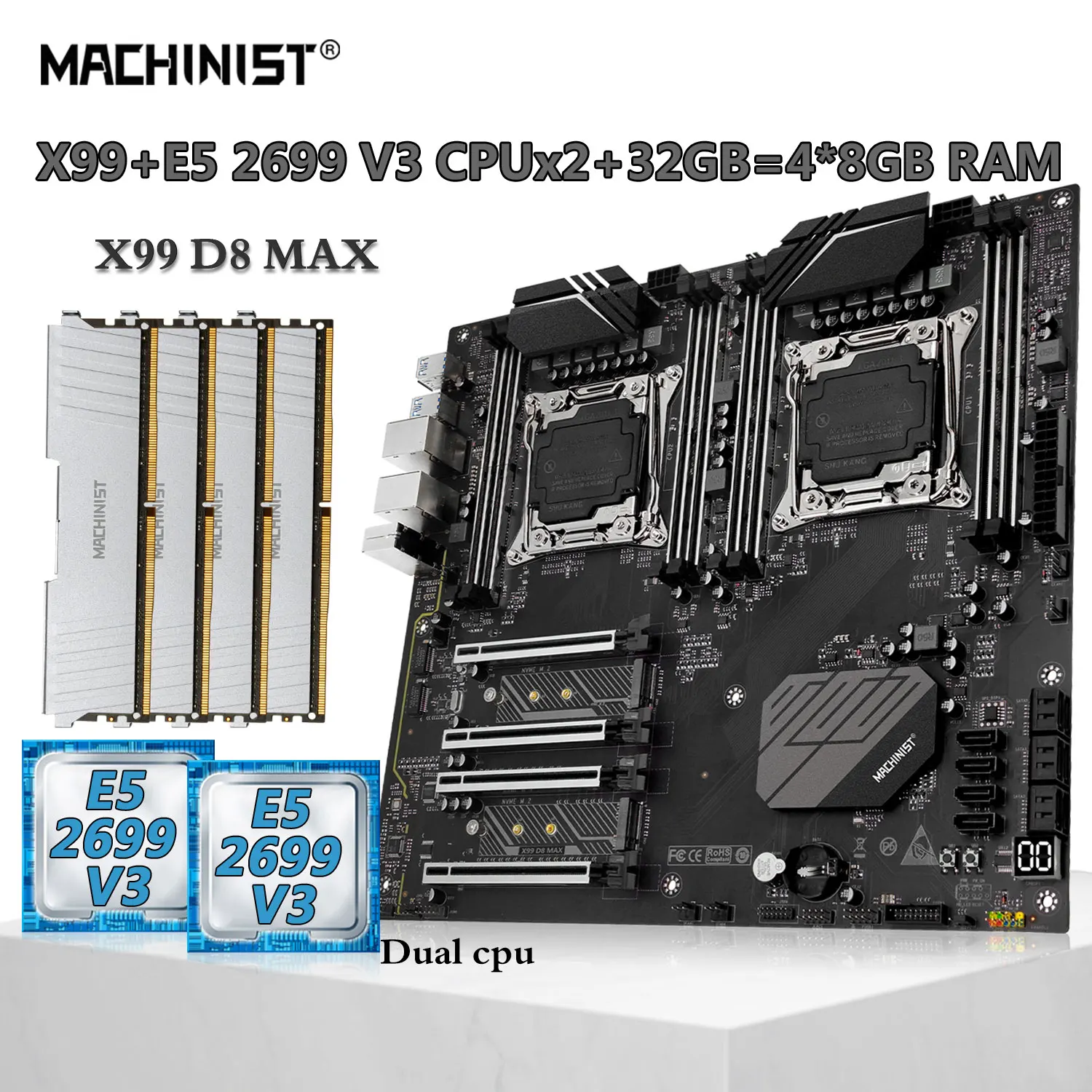 MACHINIST X99 듀얼 CPU 마더보드 세트 KitLGA 2011 3 Xeon E5 2699 V3 CPU * 2 32GB(4*8G) DDR4 2133MHz 메모리 ...