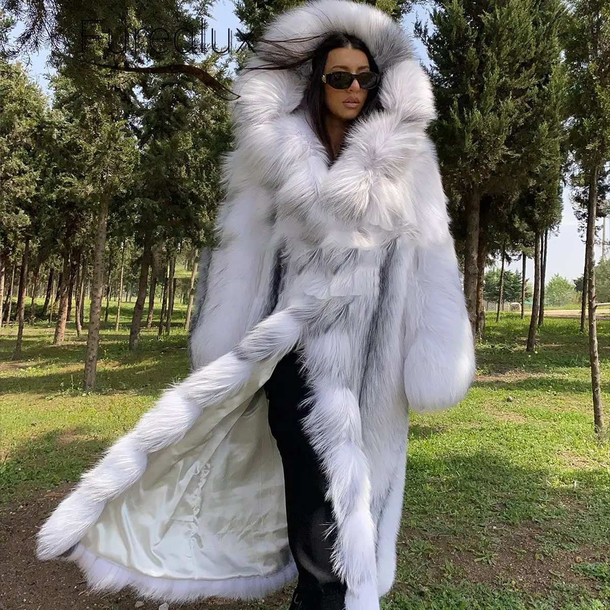 FUREALUX Real Fox Fur Coat With Big Hoodie Street Style Winter Keep Warm 90CM Length Genuine Fox ...