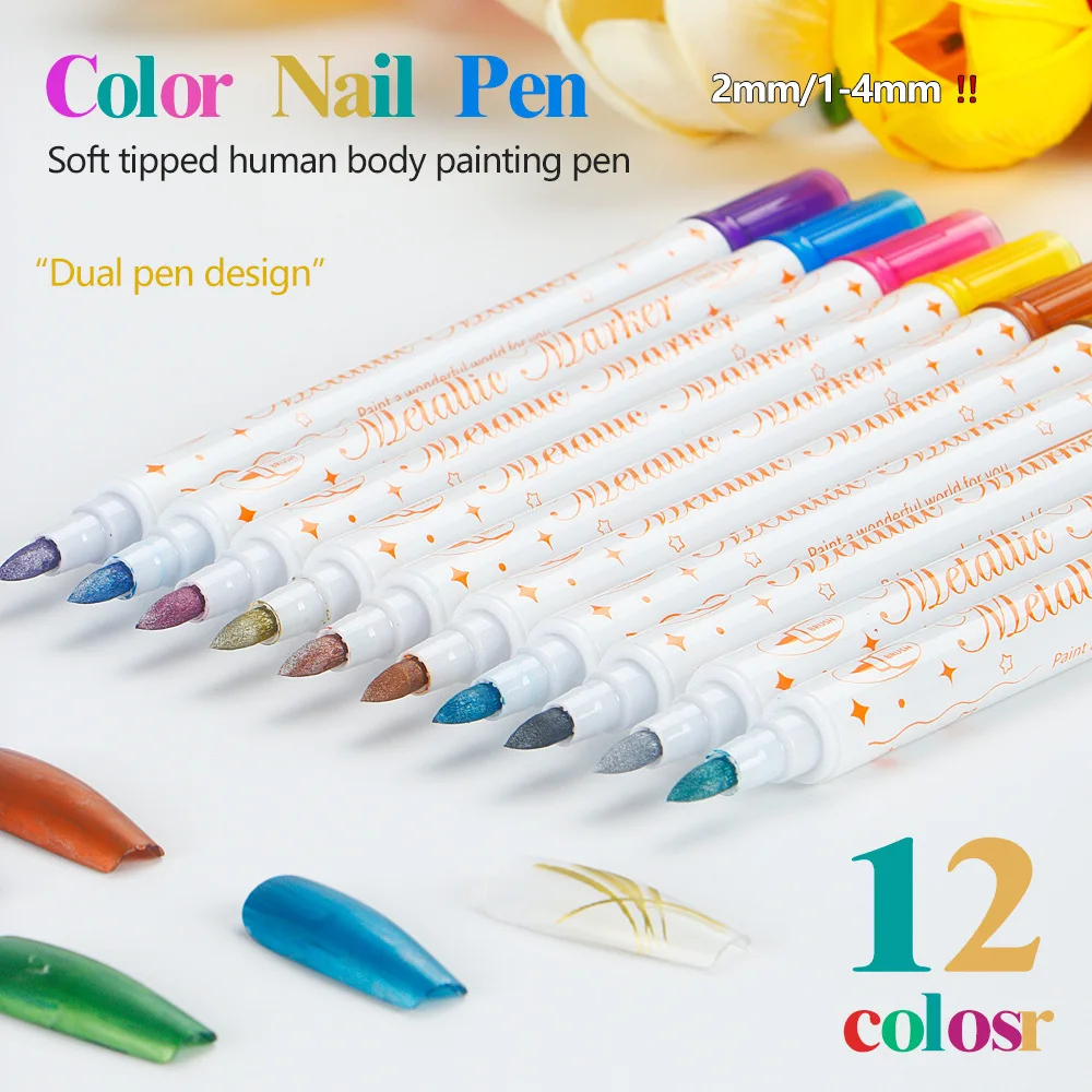 12 Colors Nail Pens DIY Body Painting Pen Soft/Hard Double-head ...
