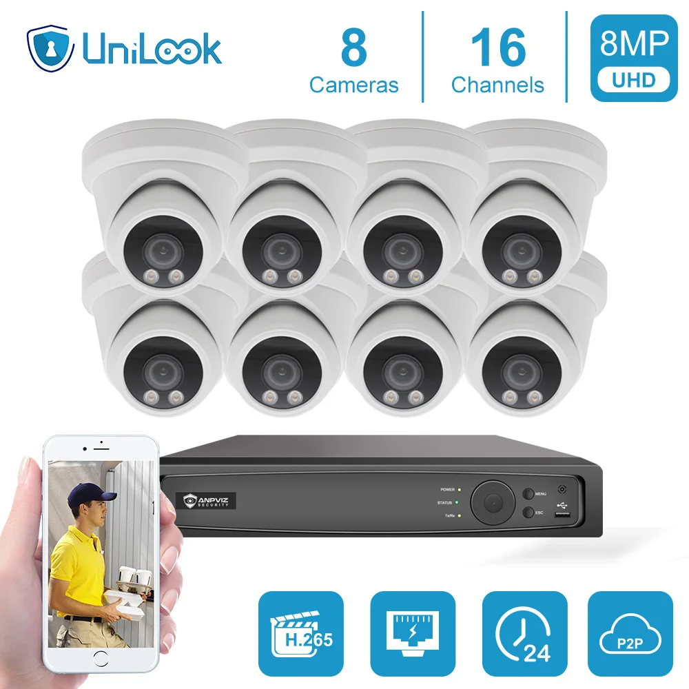 UniLook 8CH CCTV System 8Pcs 8MP ColorVu POE IP Camera with Mic Full ...