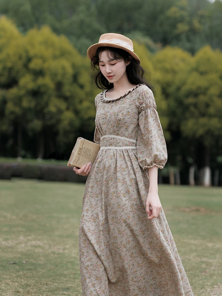 AIGYPTOS 맥시 드레스 여성 빈티지 프랑스 목가적 인 꽃 드레스 우아한 슬림 3/4 소매 봄 한국 패션 긴 드레스 가운 ...