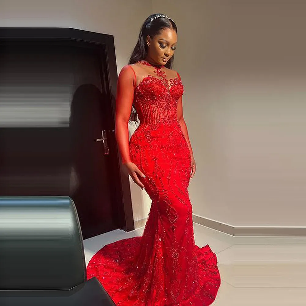 Red-Sexy-Prom-Dresess-For-African-Women-Illusion-Long-Sleeves-Lace ...