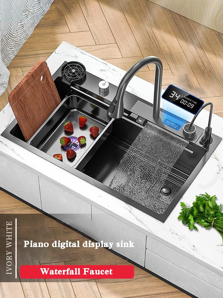 Waterfall Kitchen Sink Stainless Steel Topmount Sink Large Single Slot ...