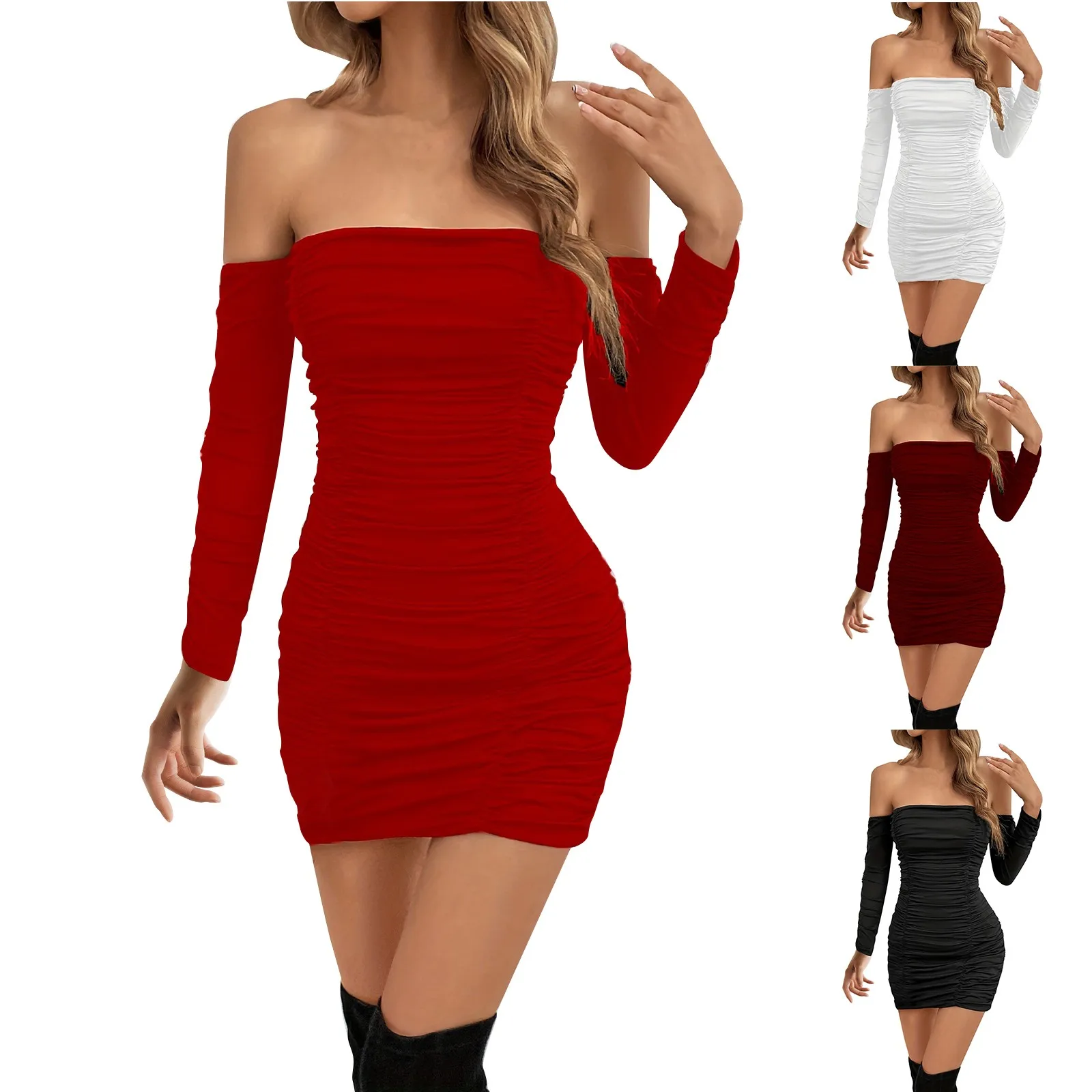 Elegant Women's Dresses One Neck Long Sleeve Pleated Temperament Wrap ...