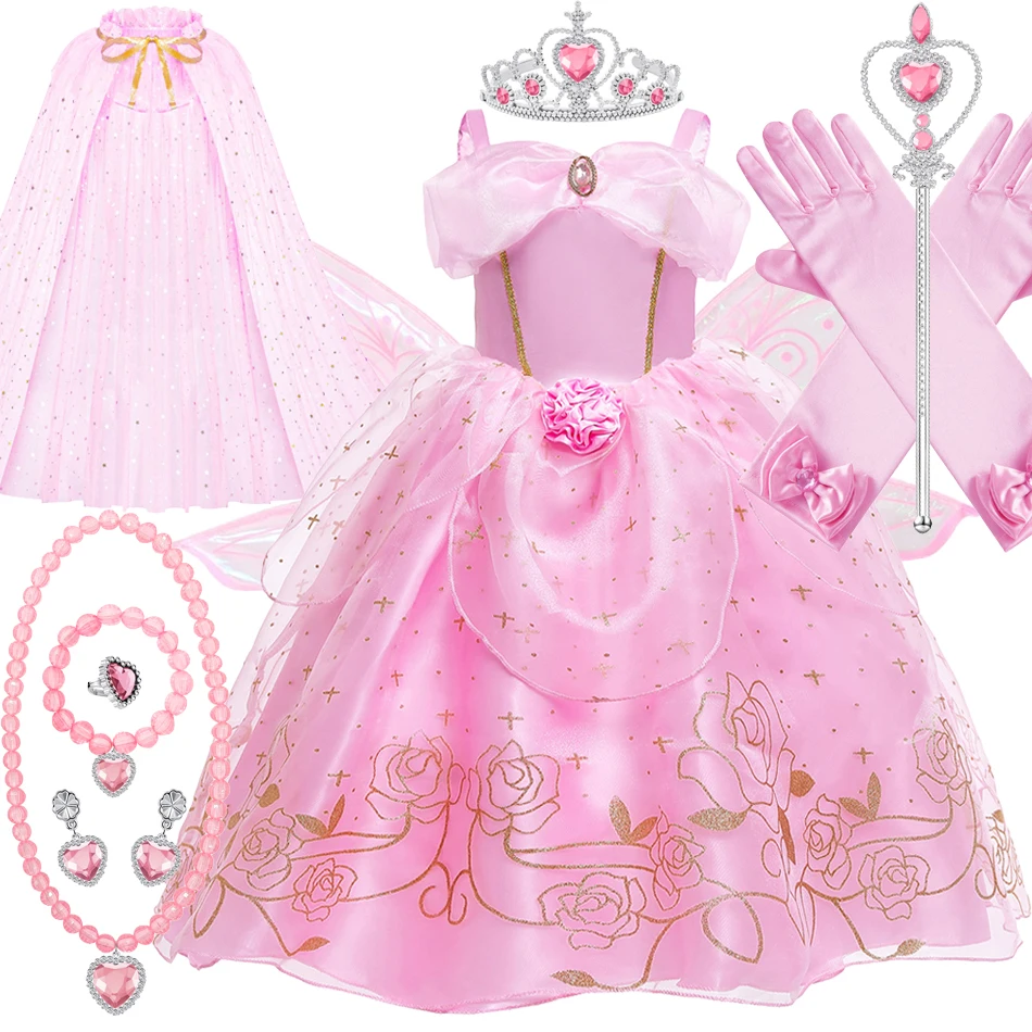 Pink Sleeping Beauty Princess Dress Luxury Print Aurora Cosplay Costume ...