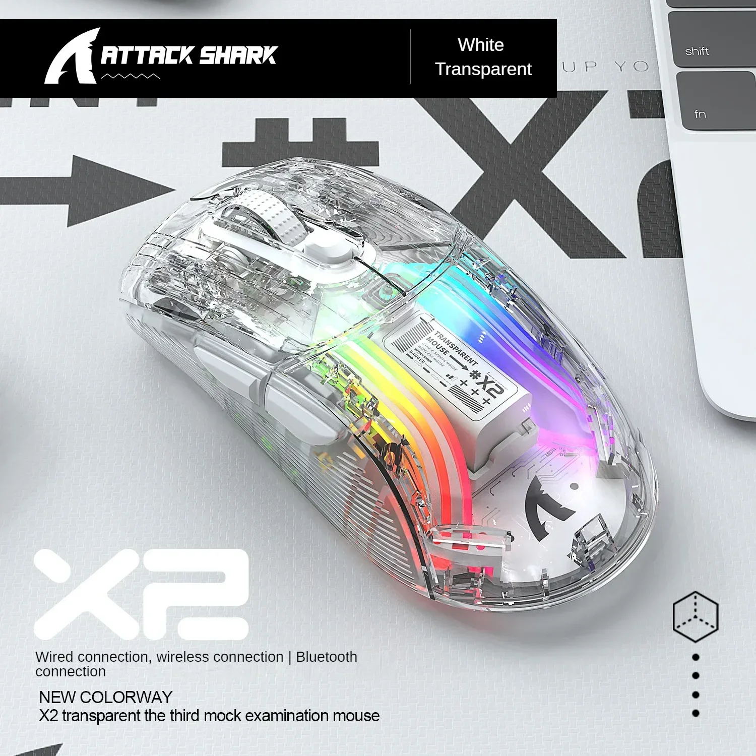 ATTACK SHARK-Game X2 Pro Wireless, Triple Mode, Clear Shell, RGB, Aste ...
