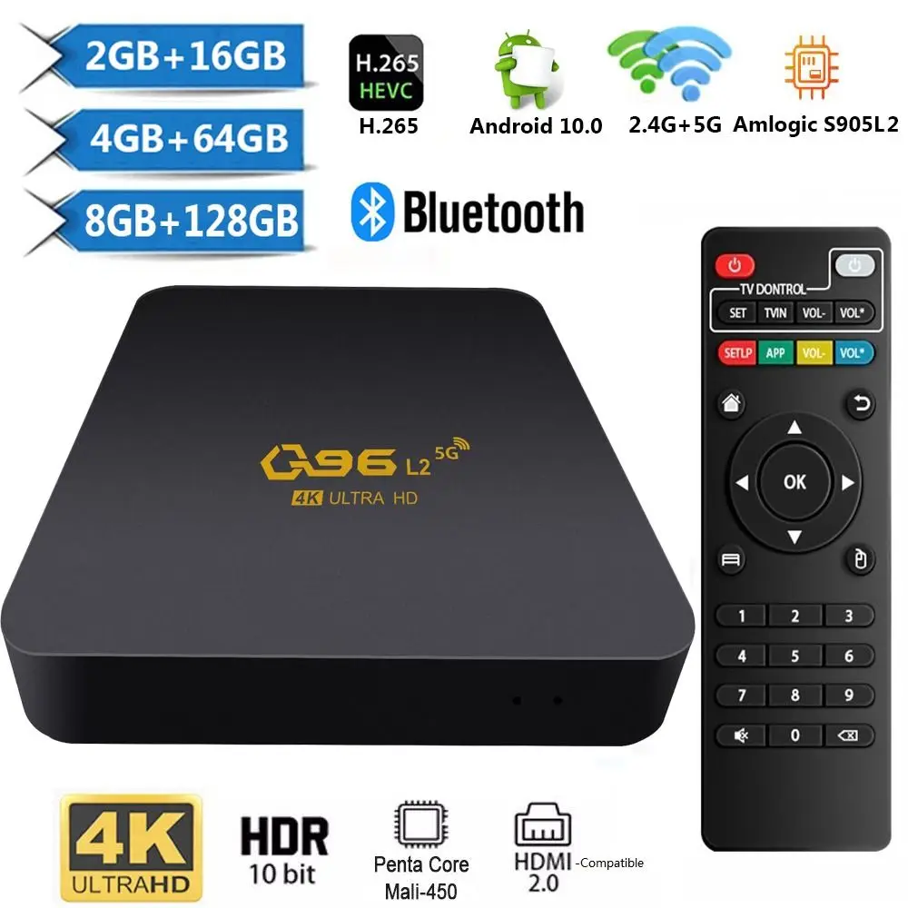 Q96 L2 스마트 TV 박스, 안드로이드 10, Amlogic S905L2 쿼드 코어, 2.4G 5G 듀얼 와이파이, 4K UHD 셋톱 박스, 8GB 128GB, BT4 ...