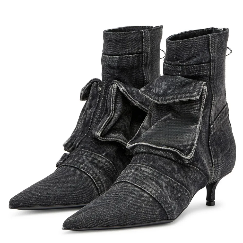 Para Mujer Women Shoes Washed Denim Pocket Boots Fashionable Pointed ...