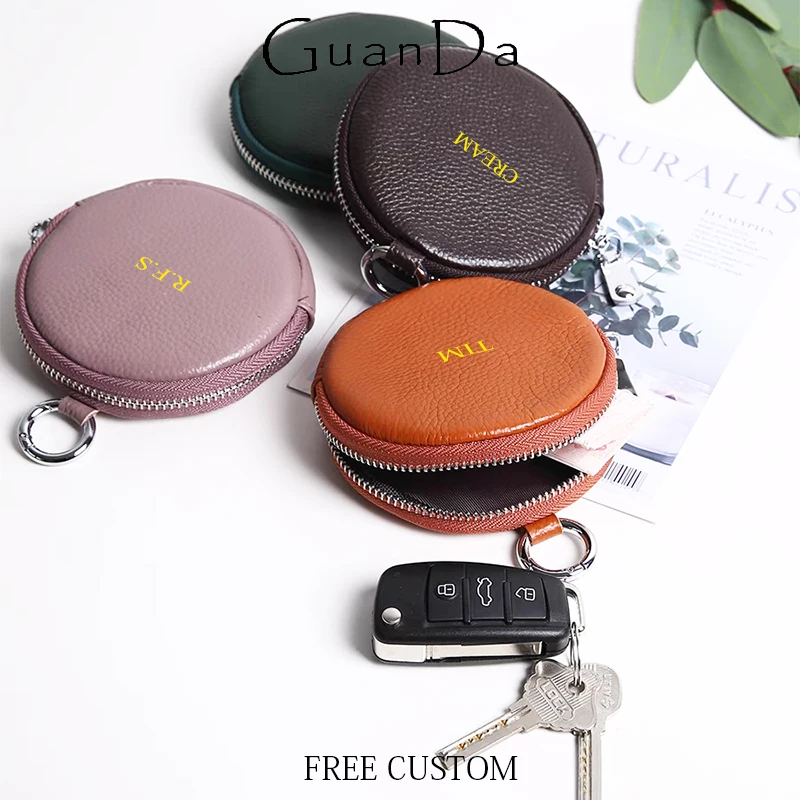 Custom Name Mini Coin Purse Genuine Leather Round Zipper Coin Bag ...