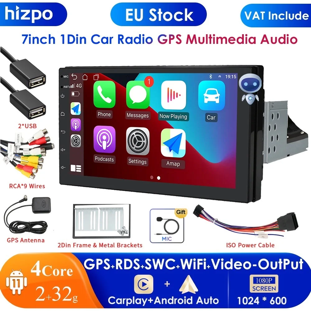 2GB+32GB Carplay 7inch 1 Din Android Auto Radio GPS Universal Car Multimedia Player Stereo 1Din ...