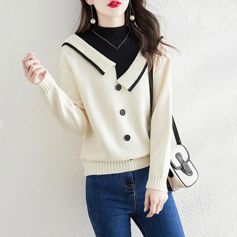Autumn Winter Women's Pullover Turtleneck Solid Button Screw Thread ...