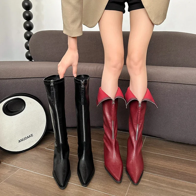 Botas-hasta-la-rodilla-con-punta-puntiaguda-para-Mujer-botines-largos ...